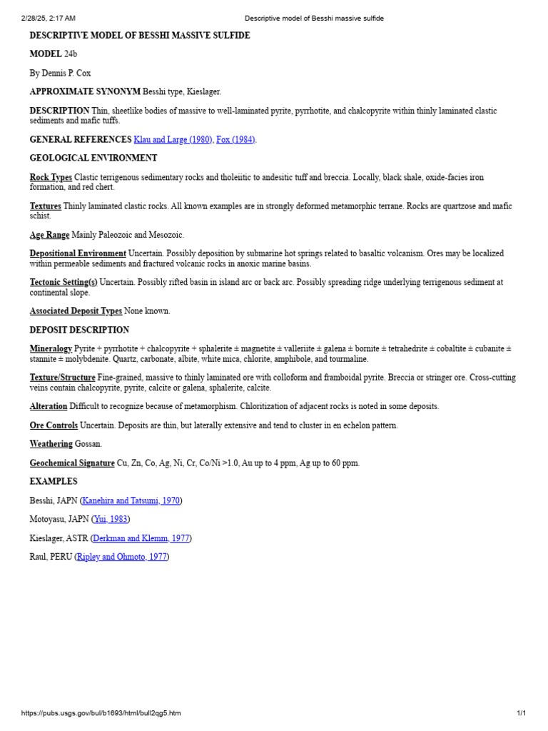 1986 Descriptive Model of Besshi Massive Sulfide_Cox, D. P. | PDF