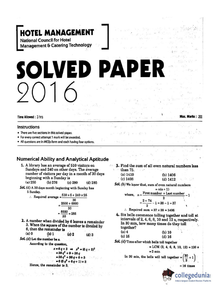 NCHMCT JEE 2016 Question Paper-Numerical Ability and Analytical ...