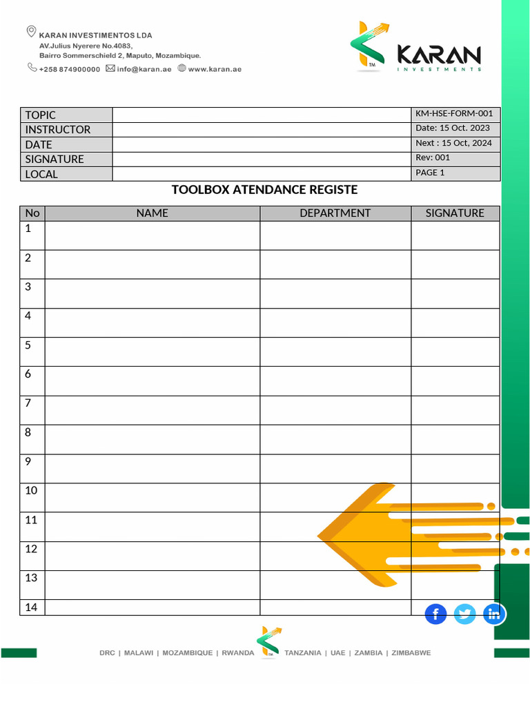 Toolbox Attendance Register Form | PDF