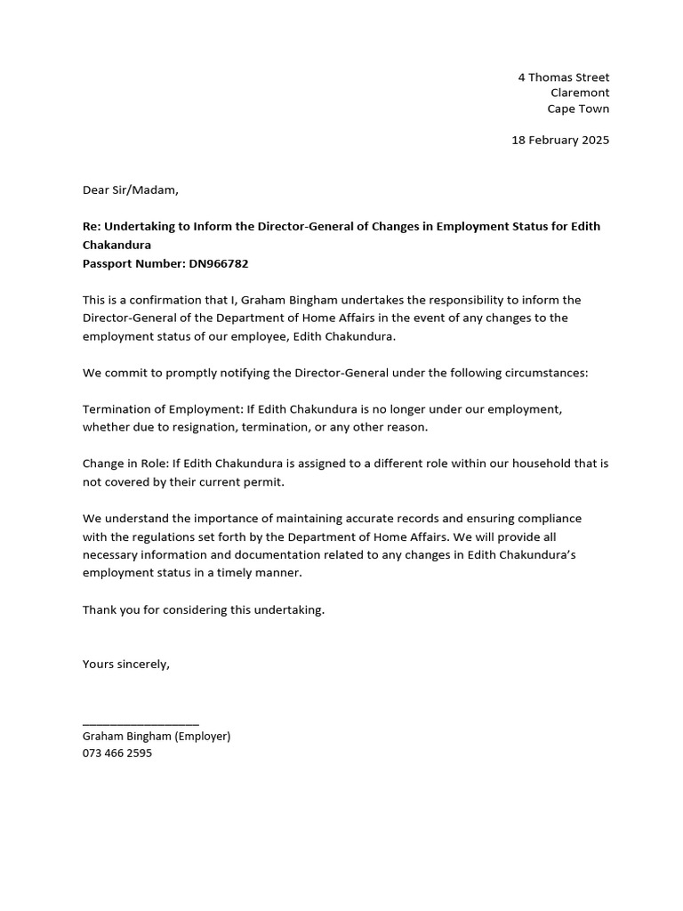Undertaking To Inform The Director-General of Changes in Employment ...