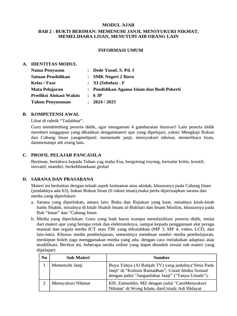MODUL AJAR PAI XI SMKN 2 Buru Bukti Beriman Memenuhi Janji, Mensyukuri Nikmat, Memelihara Lisan ...