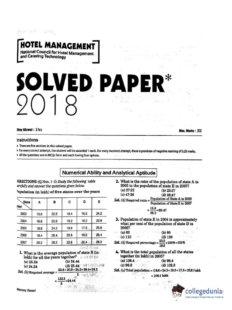 NCHMCT JEE 2018 Question Paper-Numerical Ability and Analytical ...