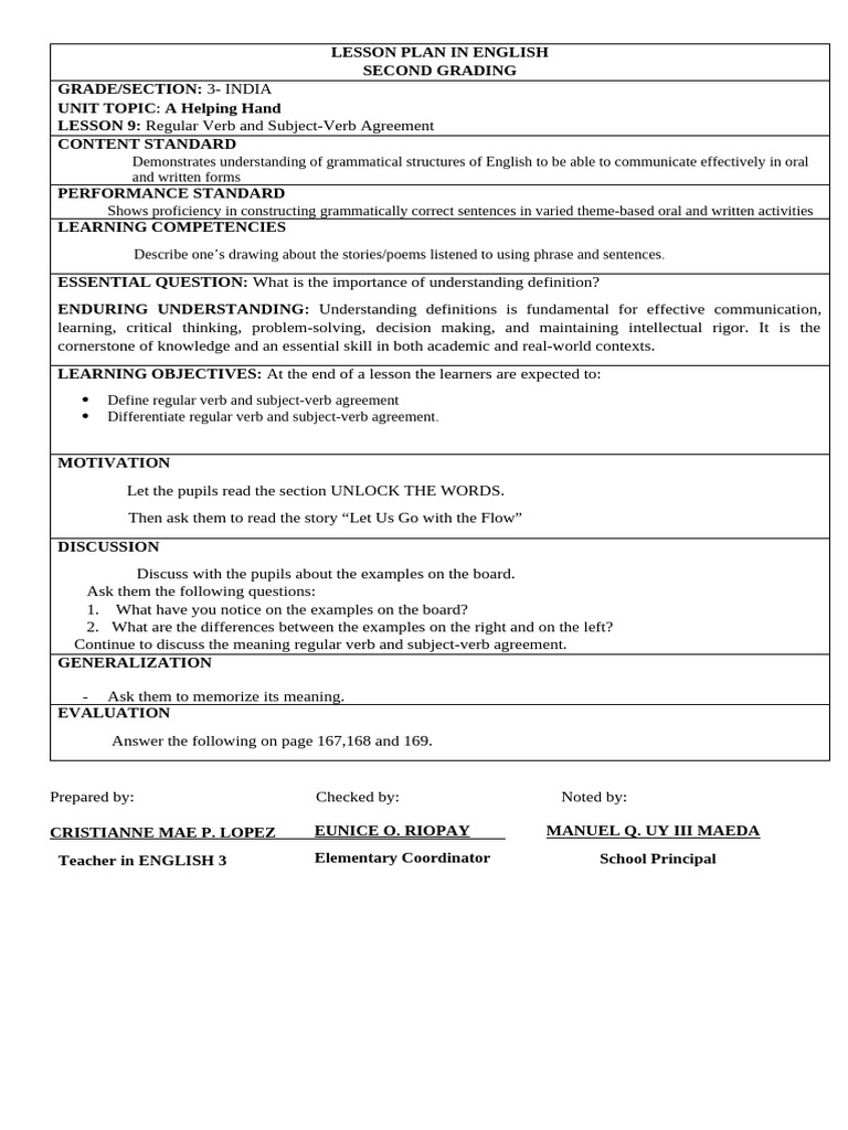 Grade 3 English Lesson Plans on Verbs | PDF | Verb | English Language
