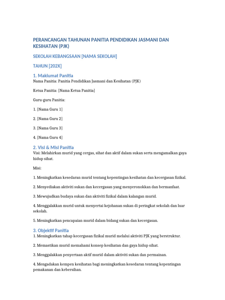 Perancangan Tahunan Panitia Pendidikan Jasmani Dan Kesihatan (PJK) | PDF