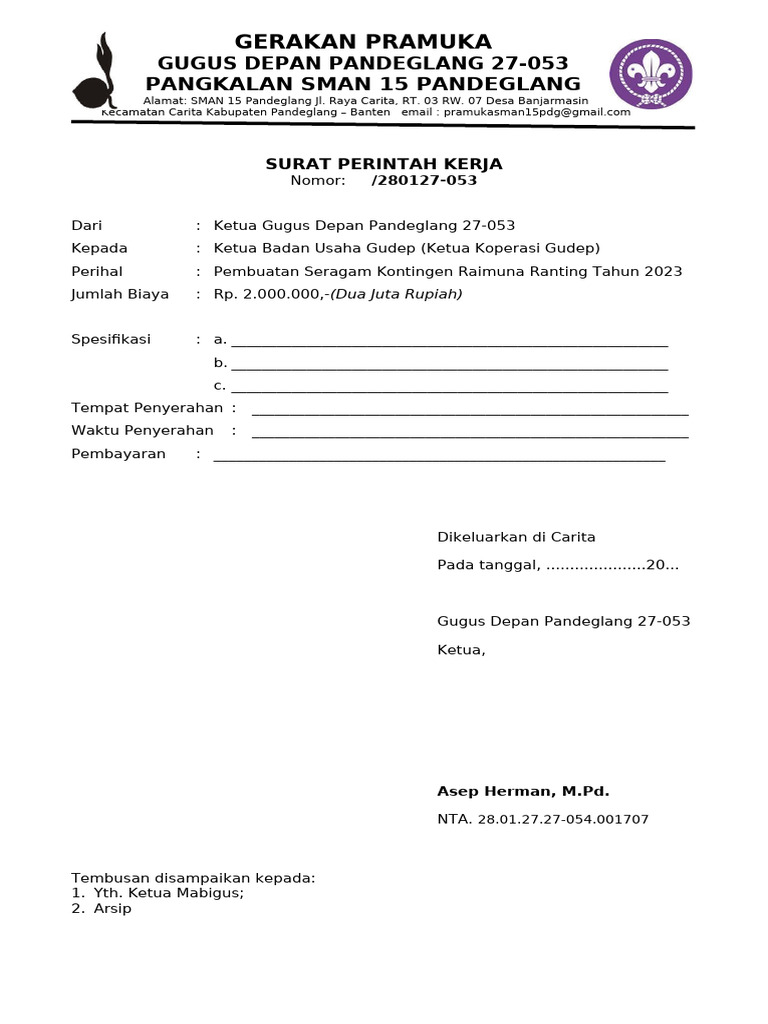 Surat Perintah Kerja Seragam Raimuna 2023 | PDF