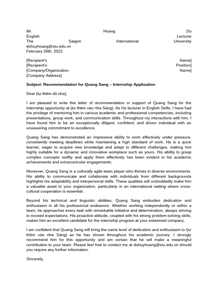 Recommendation Letter Draft Quang Sang | PDF | Behavior Modification | Cognition