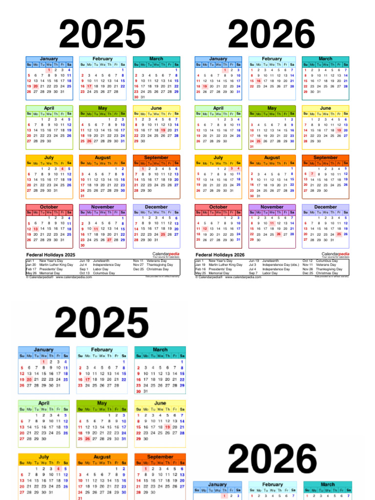 Two Year Calendar 2025 2026 Landscape Side by Side in Color | PDF ...