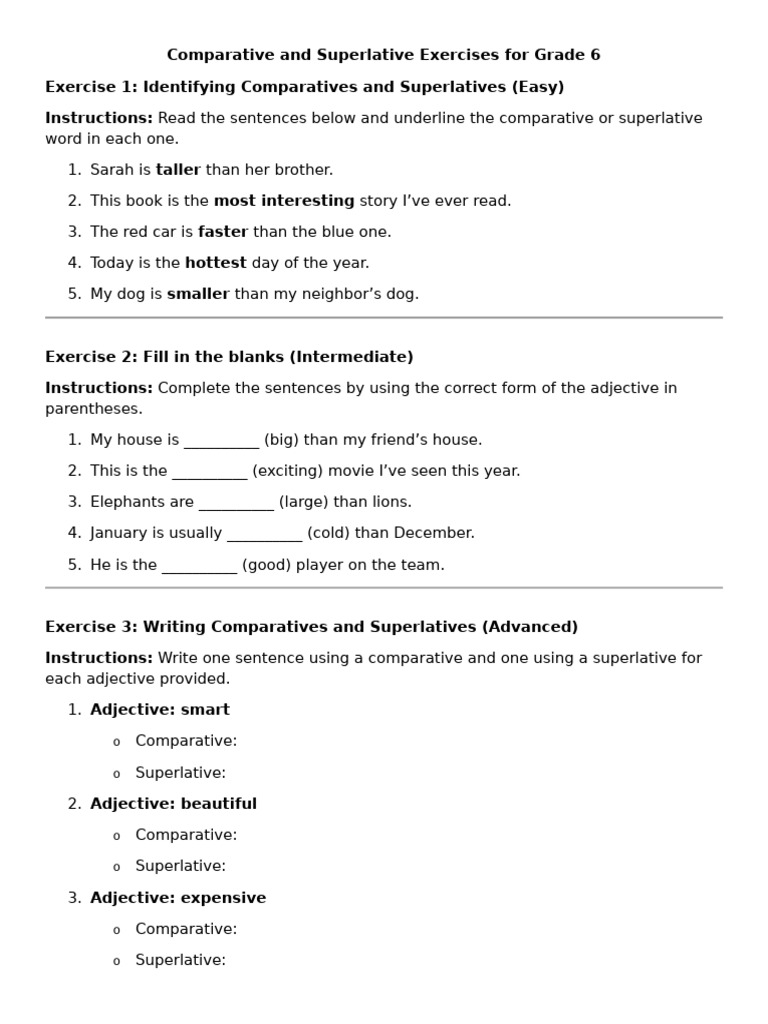 Grade 6 Comparative and Superlative Exercises | PDF | Adjective | Grammar