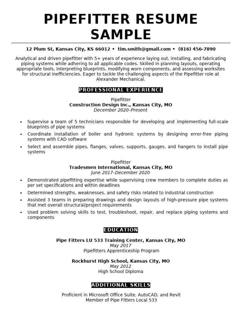 Pipefitter Resume Sample Template | PDF | Résumé