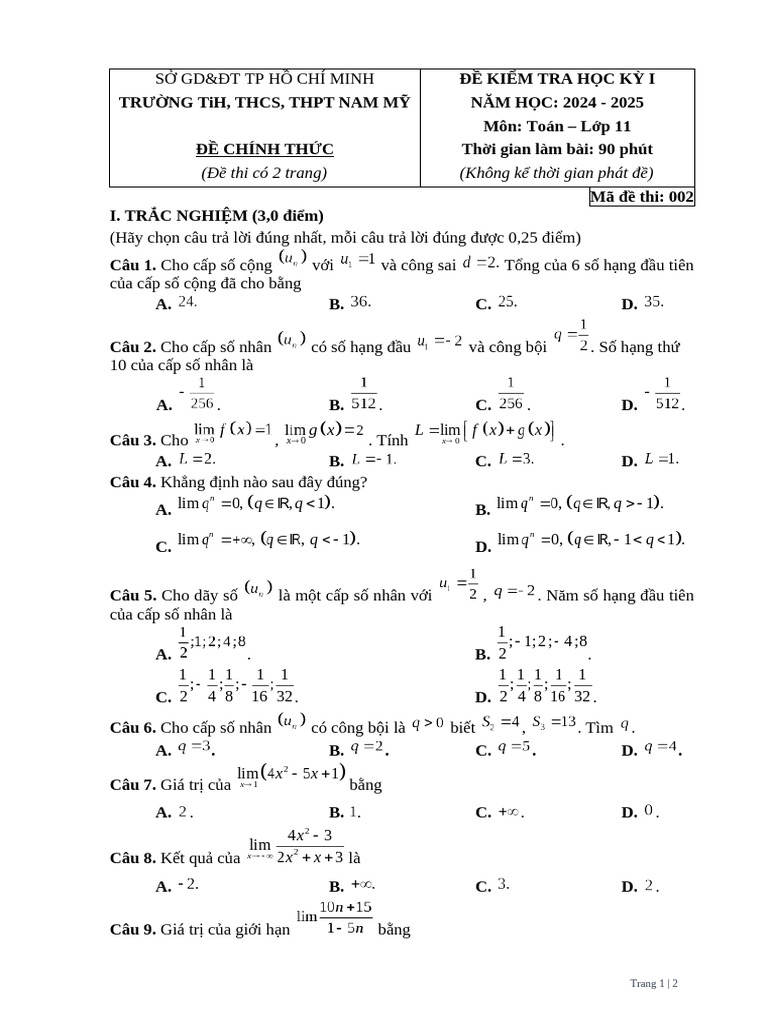 DE KIEMTRA CUOI HK1-TOAN-K11-MADE 002 | PDF