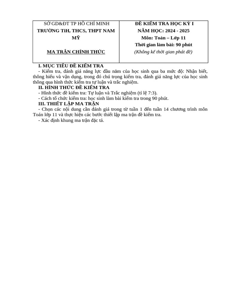 De Kiemtra Giua Hki-Toan-K11-Matran | PDF