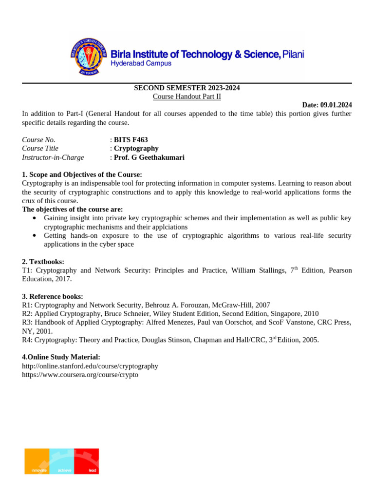 Bits F463 Cryptography L1 | PDF | Cryptography | Public Key Cryptography