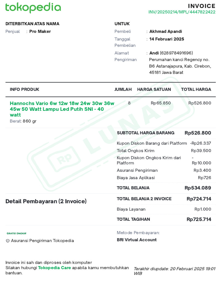 Harga Lampu Hannochs dan Invoice Pembelian | PDF