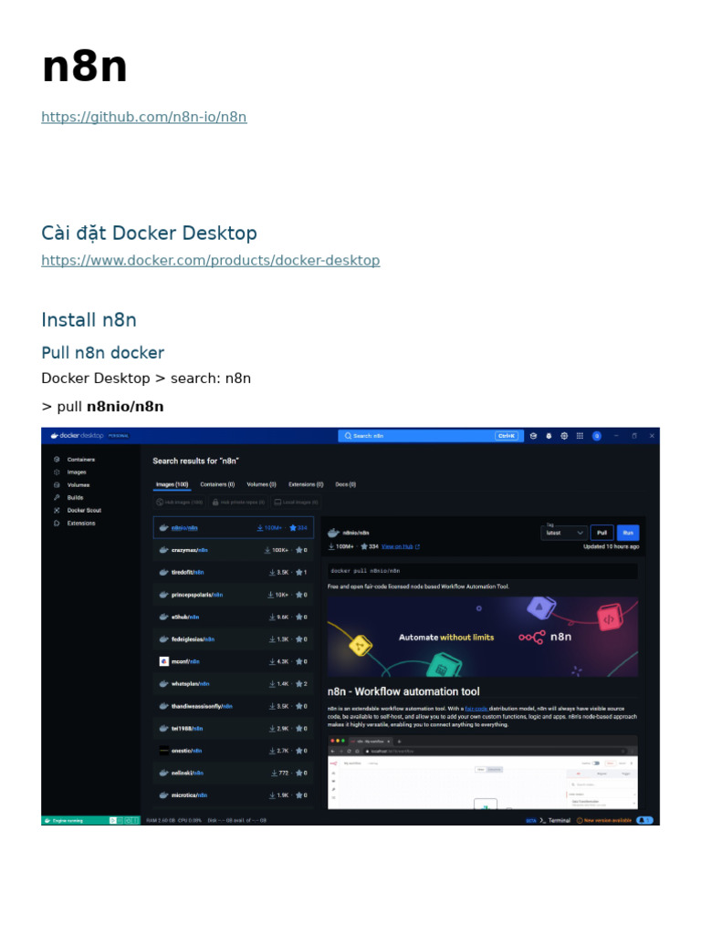 Cài đặt Docker Desktop: Pull n8n docker | PDF