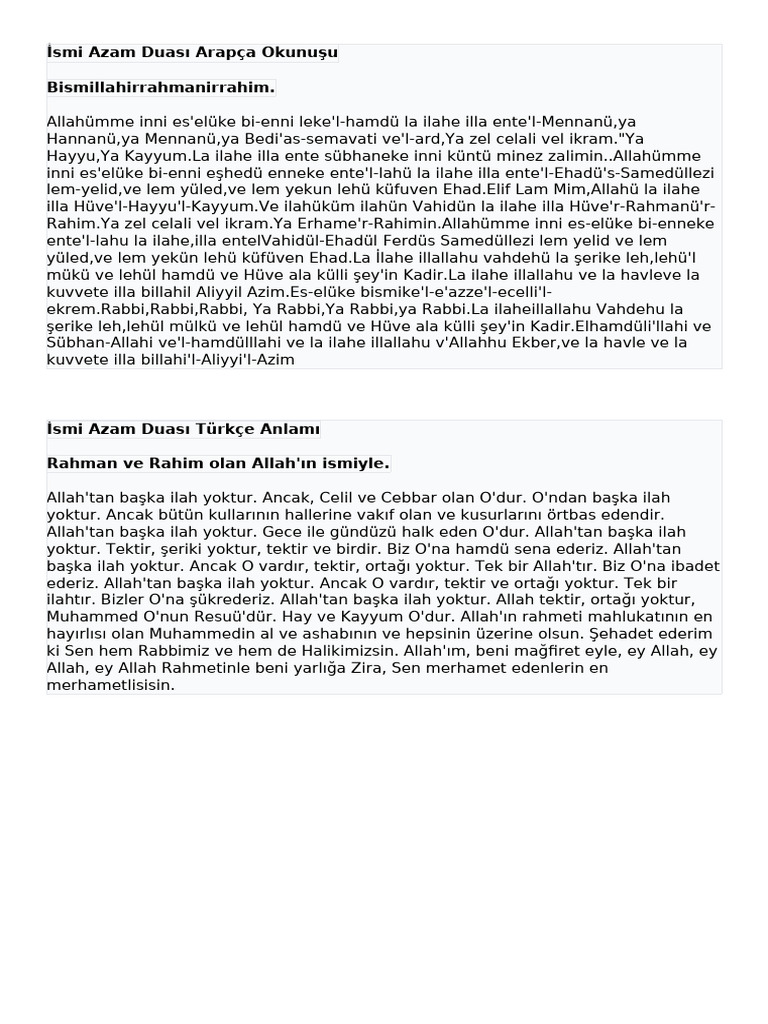 İsmi Azam Duası Arapça Okunuşu | PDF