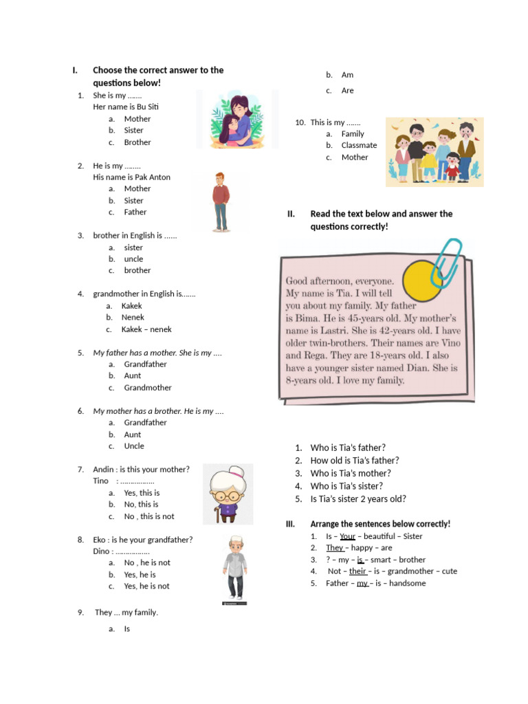 Family Vocabulary Quiz | PDF