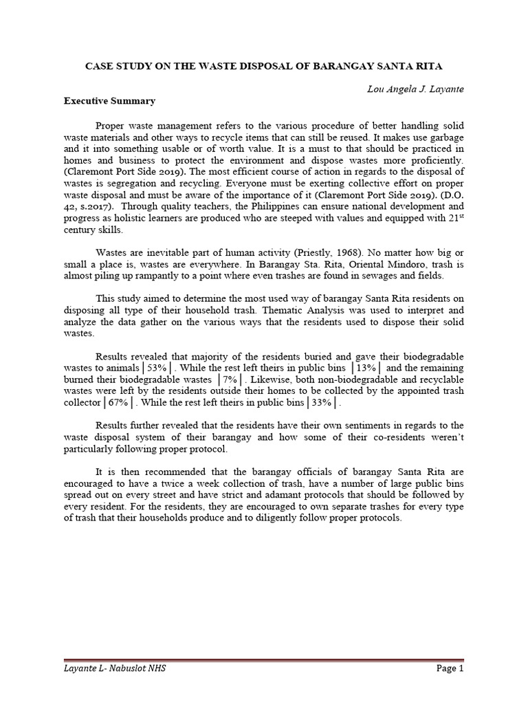 Case Study On The Waste Disposal of Barangay Sta. Rita 1 | PDF | Waste ...