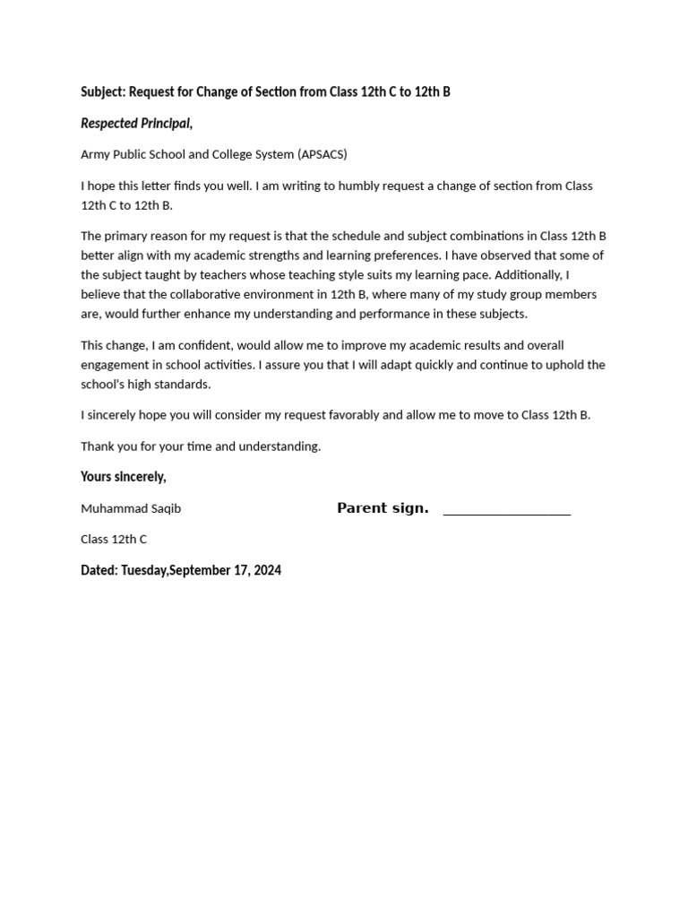 Section Change Request for Class 12th B | PDF