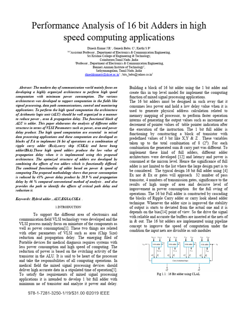 Performance Analysis of 16 bit Adders in high speed computing applications | PDF | Mosfet ...