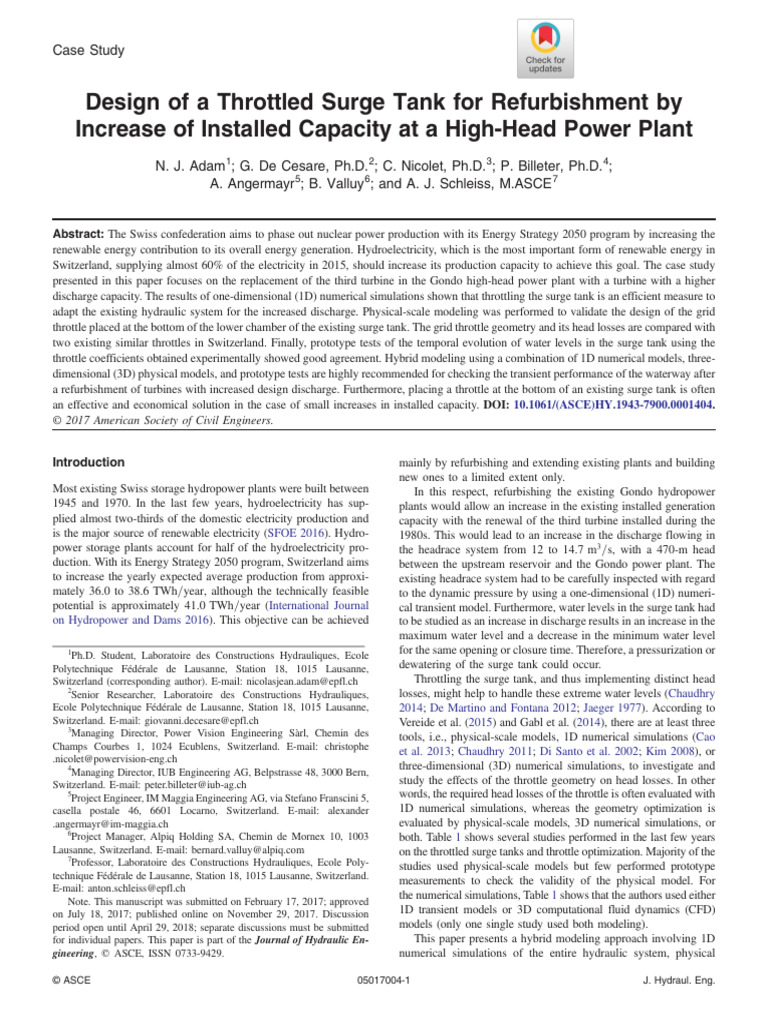 Adam Design of A Throttled Surge Tank For Refurbishment by Increase of ...