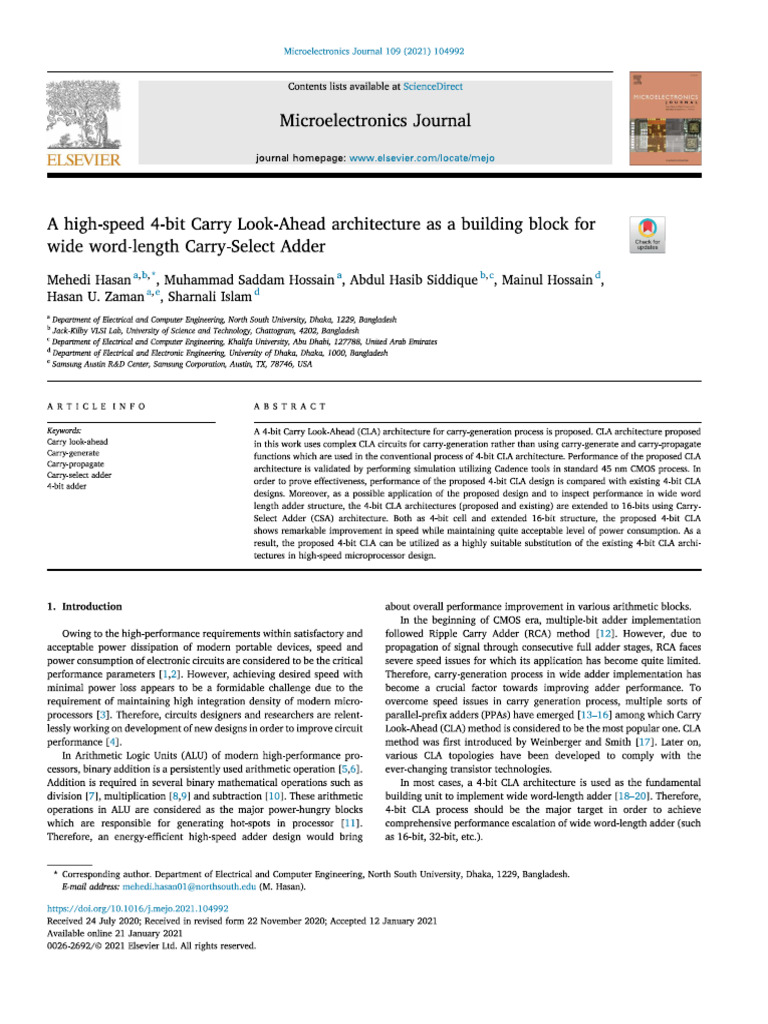 A High-Speed 4-Bit Carry Look-Ahead Architecture As A Building Block ...