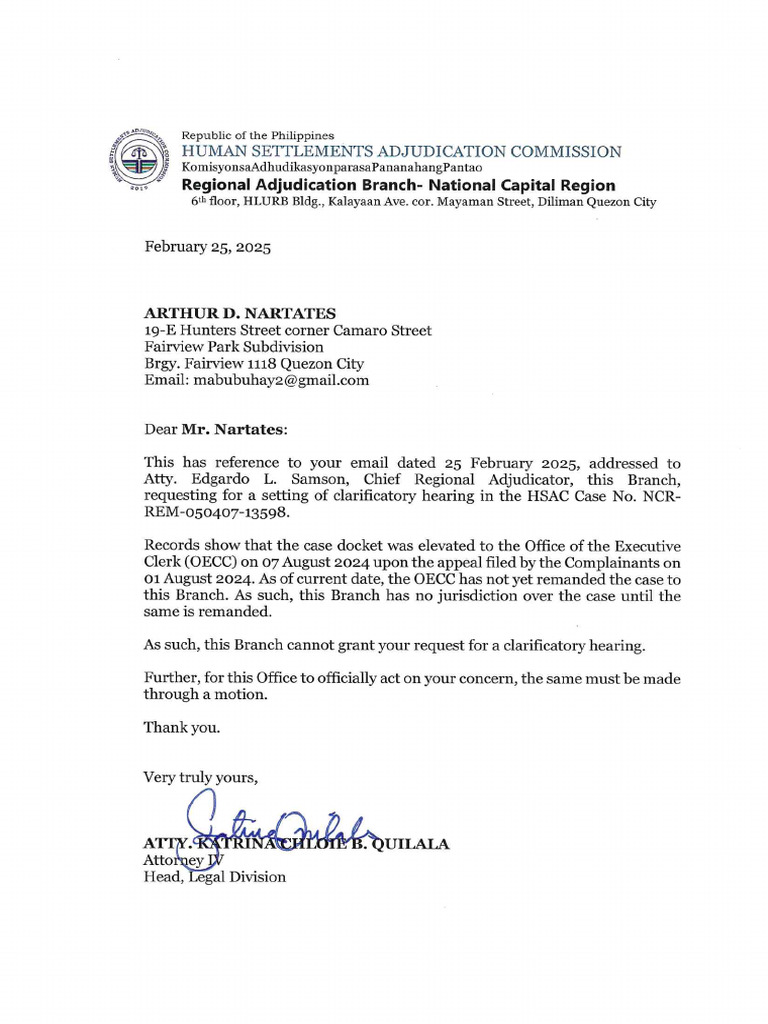 Letter From Atty. Quilala To Mr. Arthur D. Nartates Dated 25 February ...