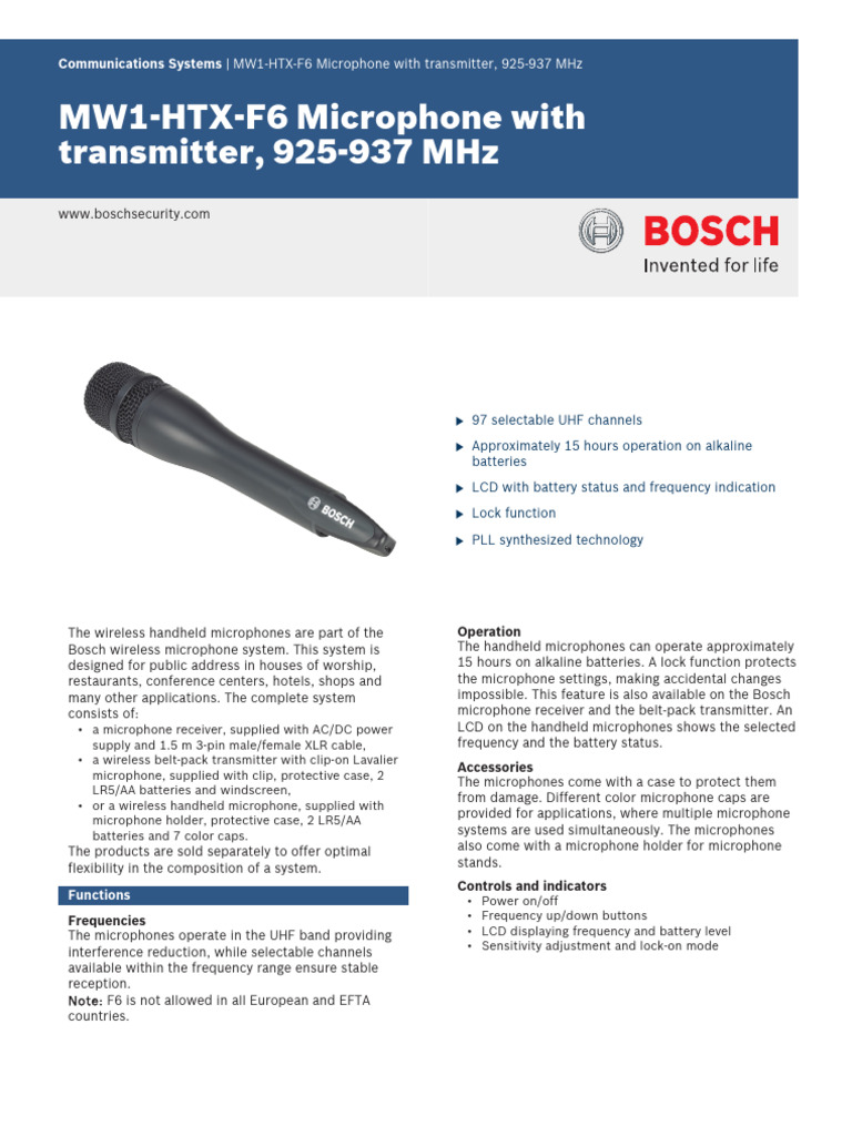 BOSCH MW1 RX FX UHF Wireless Microphone Receiver and Microphone With ...
