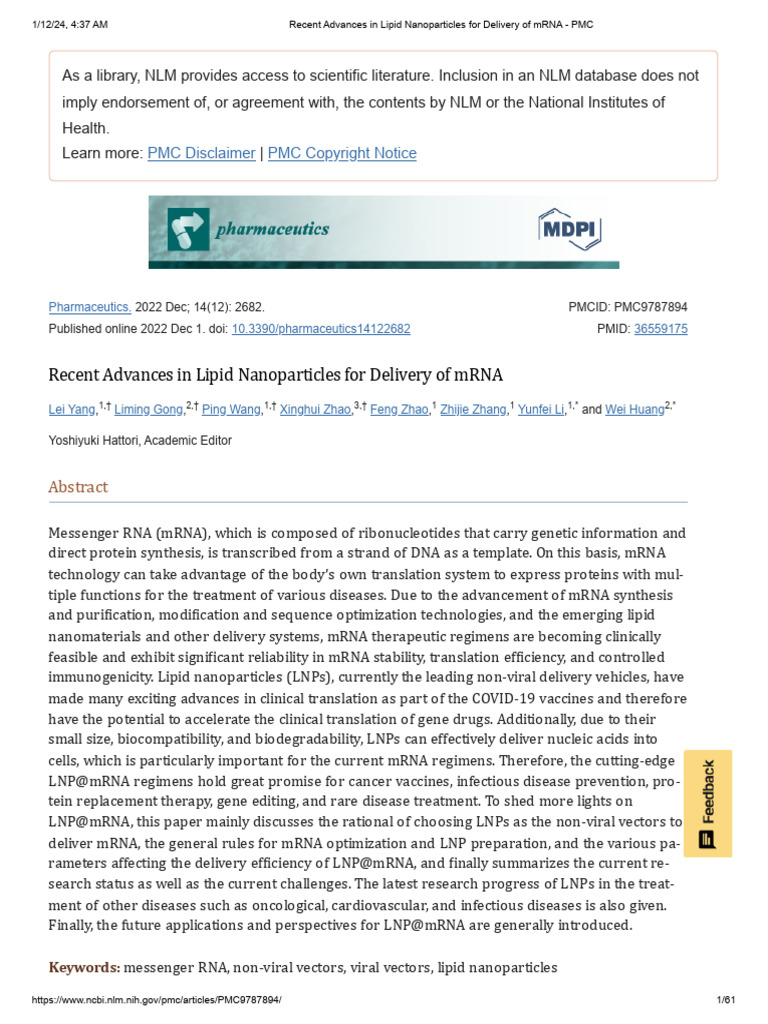 Recent Advances in Lipid Nanoparticles for Delivery of MRNA - PMC | PDF | Viral Vector ...