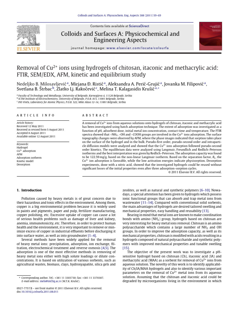 Cu2+ Ion Removal Using Chitosan Hydrogels | PDF | Adsorption | Diffusion
