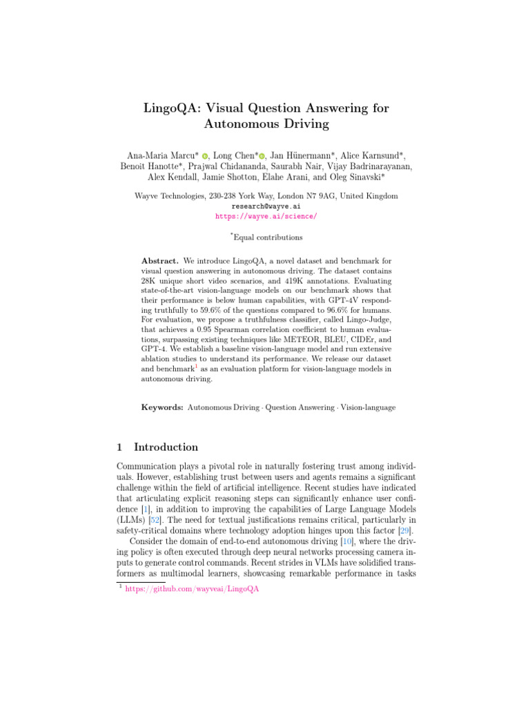 LingoQA: VQA Benchmark for Autonomous Driving | PDF | Machine Learning ...