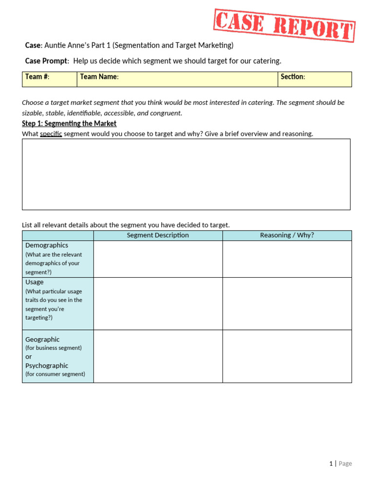 Case Report - Auntie Anne - S Part 1 (Segmentation) | PDF | Market Segmentation | Business Economics