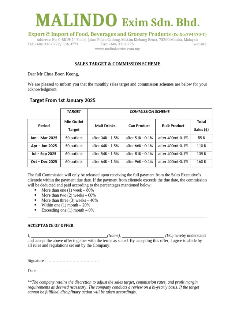 Malindo Exim Sales Target & Commission Plan | PDF | Payments | Taxes