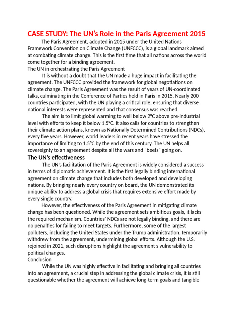 Case Study Un in The Paris Agreement | PDF | Climate Change ...