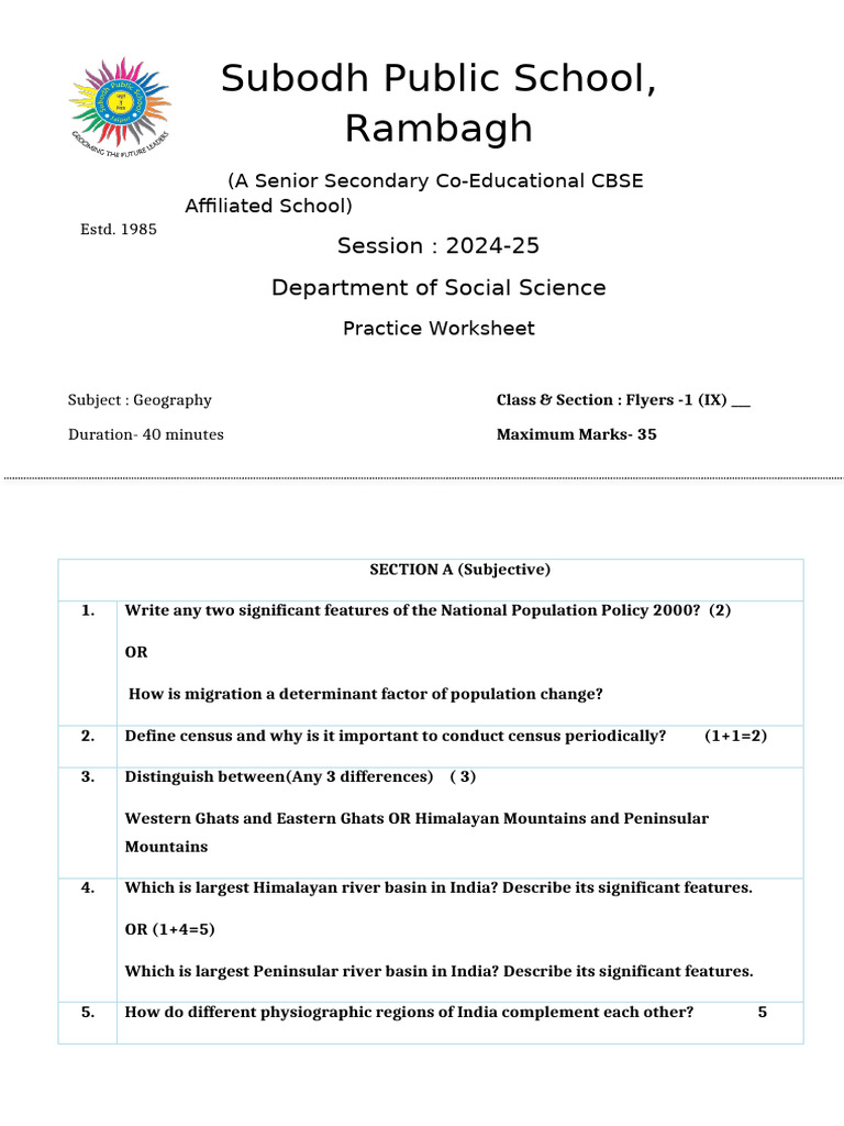 Class F1 T-2Work sheet Geography 2024-25 Final | PDF | Himalayas ...