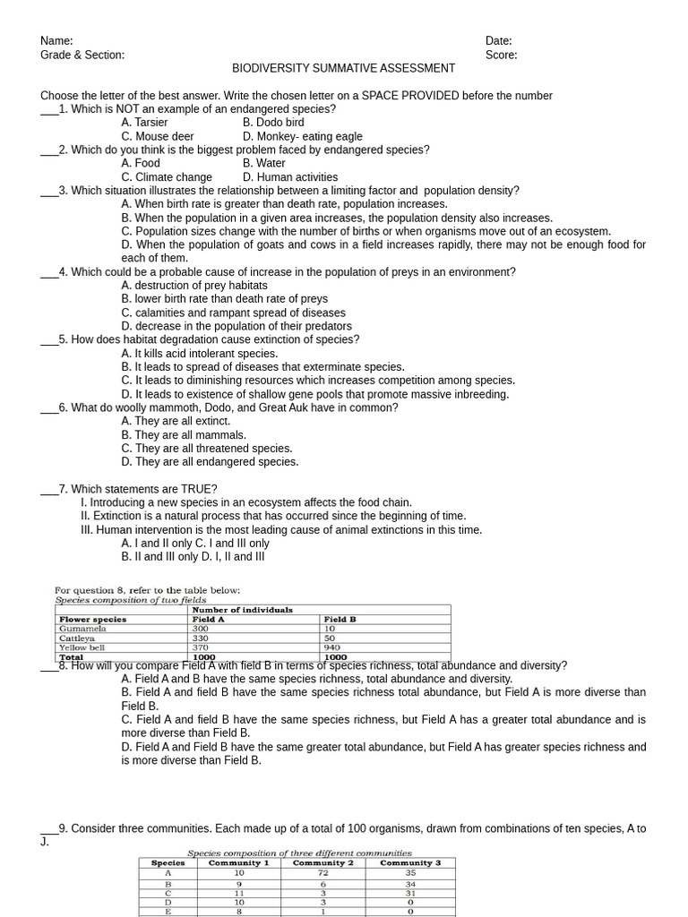 Biodiversity Assessment Quiz | PDF | Biodiversity | Extinction
