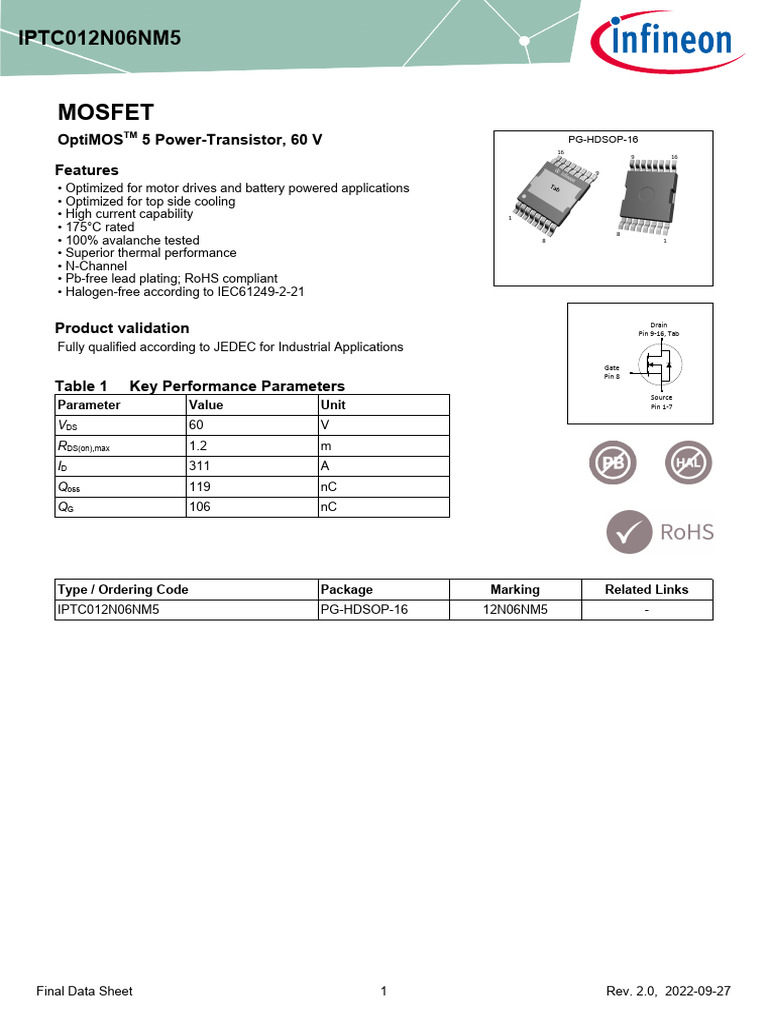 Infineon IPTC012N06NM5 DataSheet v02 00 En | PDF | Printed Circuit Board | Diode
