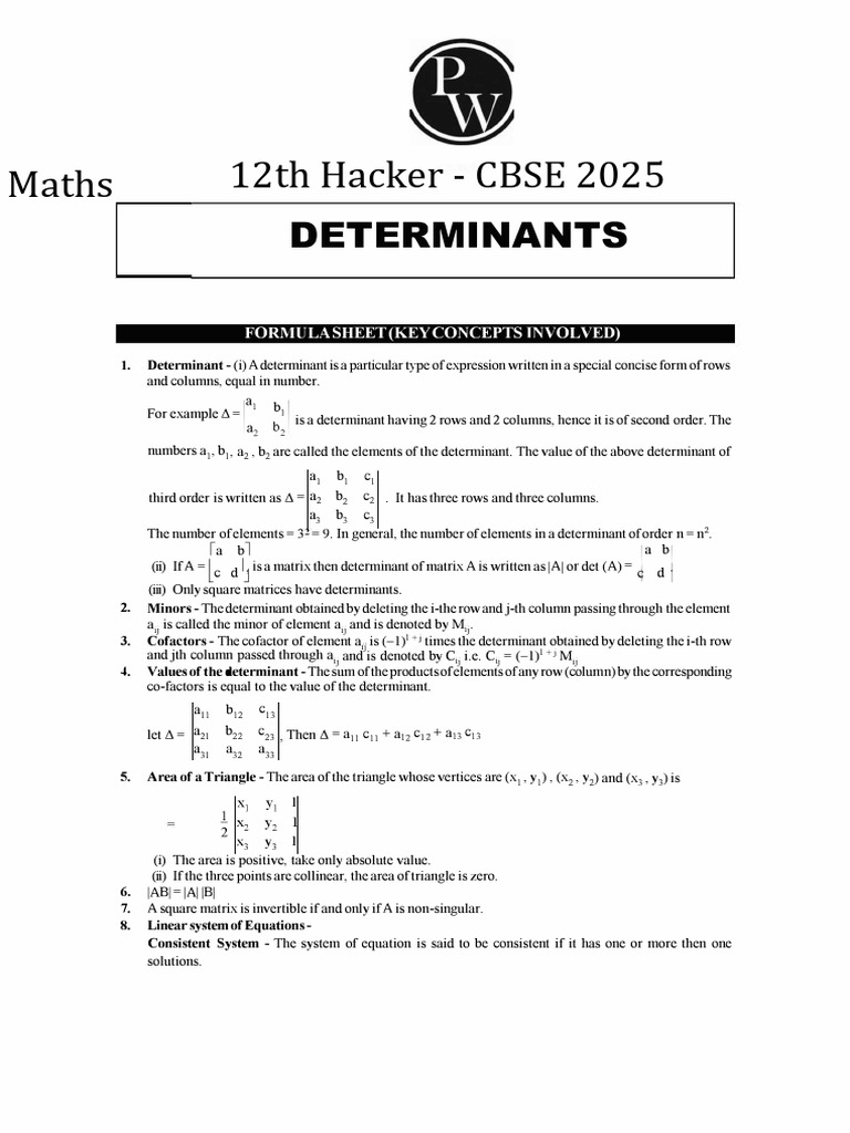 Class 12 Determinants Formula Sheet | PDF | Determinant | Matrix (Mathematics)