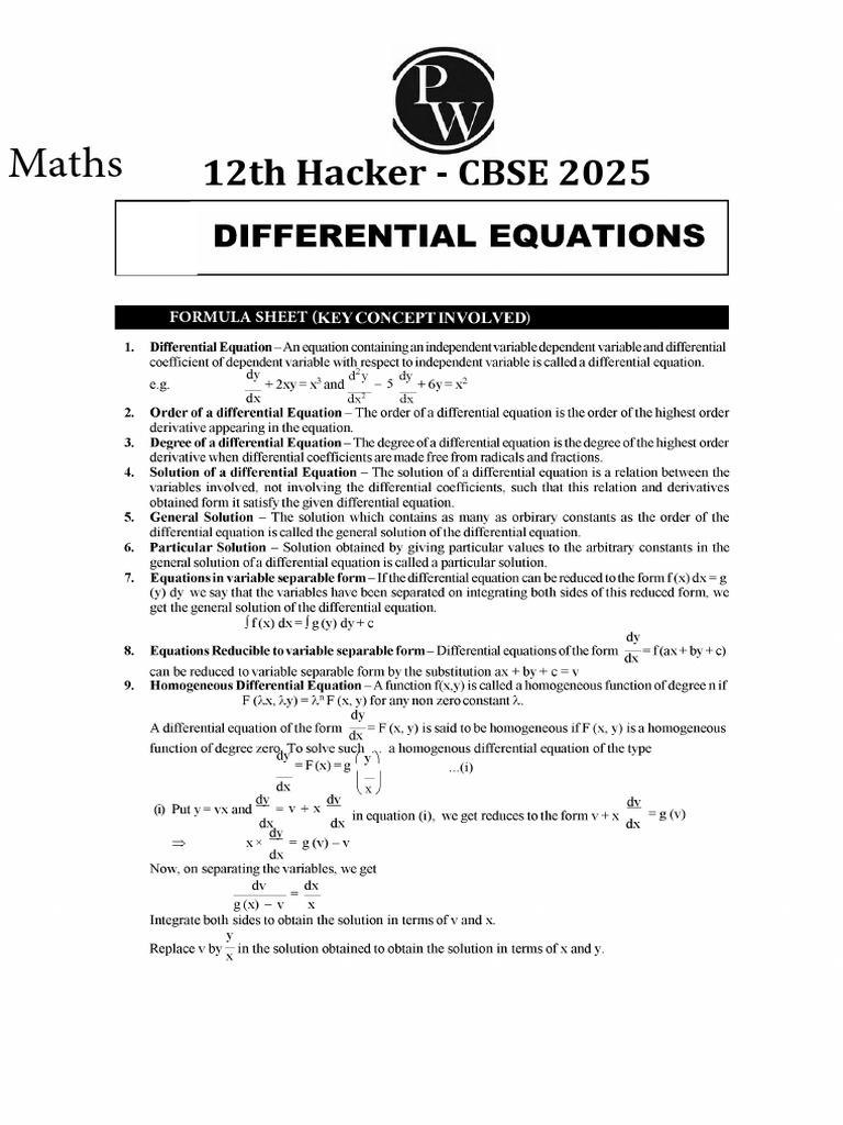 Differential Equations - Formula Sheet - 12th Hacker - CBSE 2025 | PDF