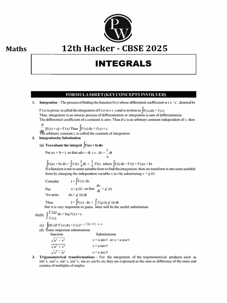 Integrals - Formula Sheet - 12th Hacker - CBSE 2025 | PDF | Calculus | Mathematical Objects