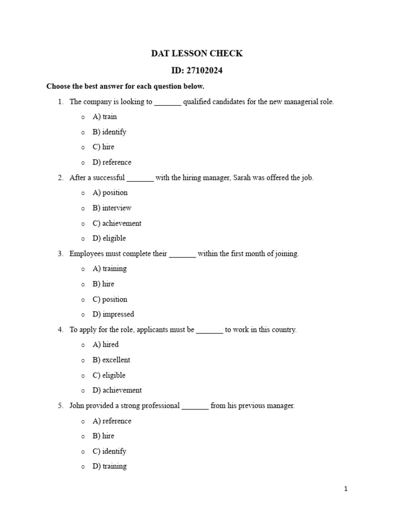 DAT Lesson Check: Job Application Quiz | PDF | Recruitment | Business