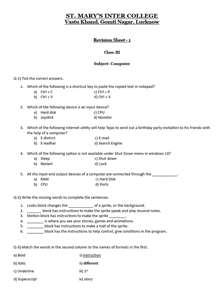 Revision Sheet 1 Class 3 Computer | PDF | Input/Output | Software
