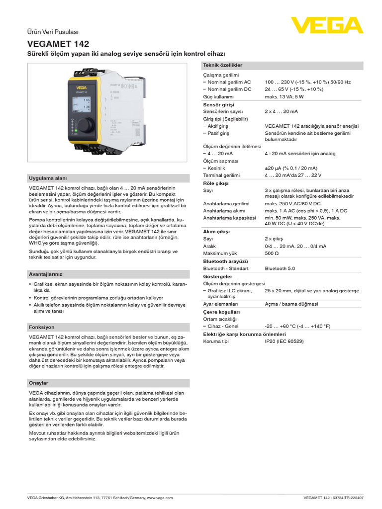 TR Data Sheet VEGAMET 142 Suerekli Oelçuem Yapan Iki Analog Seviye ...
