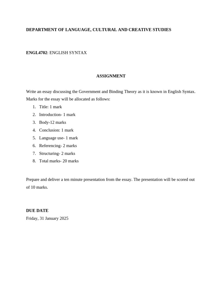 Assignment Engl4702 English Syntax 2024 | PDF