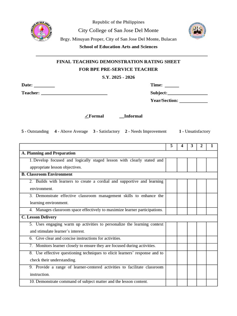 BPE Pre-Service Teacher Rating Sheet | PDF | Learning | Teachers