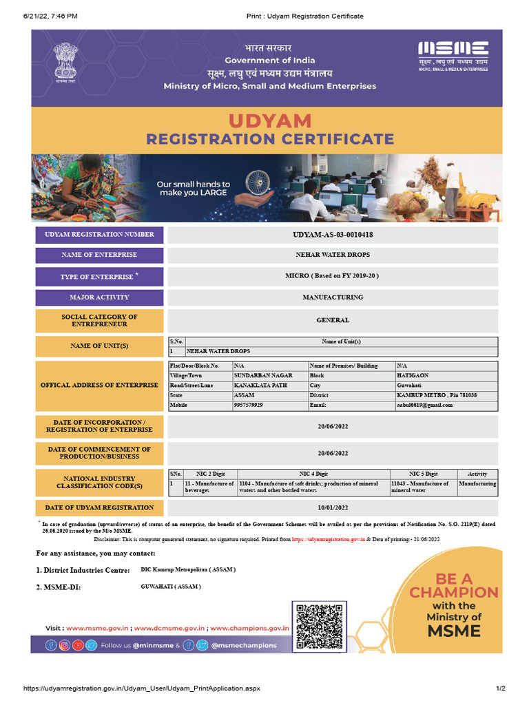 Print - Udyam Registration Certificate | PDF