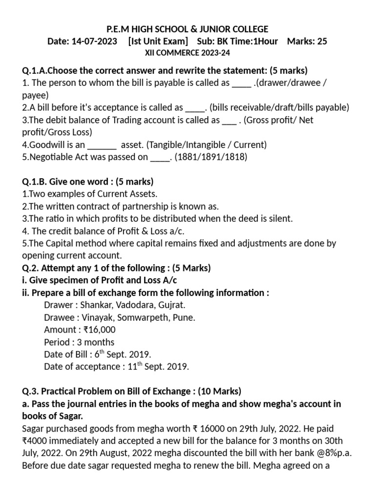 PEM 12 BK 1st Unit Exam 25 Marks | PDF | Negotiable Instrument | Money