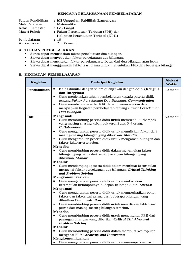 9. RPP 1 lembar MTK Kelas 4 FPB & KPK | PDF