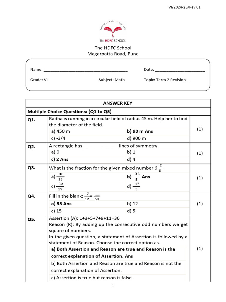 GRADE 6 TERM 2 REV 1 Answer Key | PDF | Mathematics