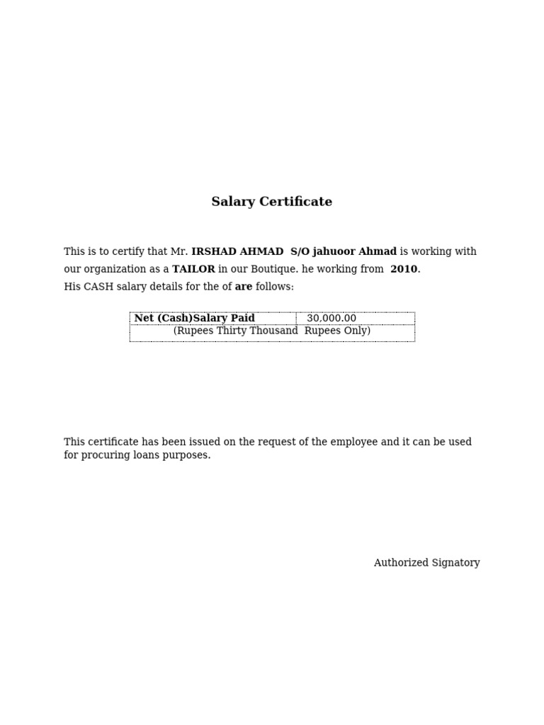 Cash Salary Certificate Format 2 | PDF