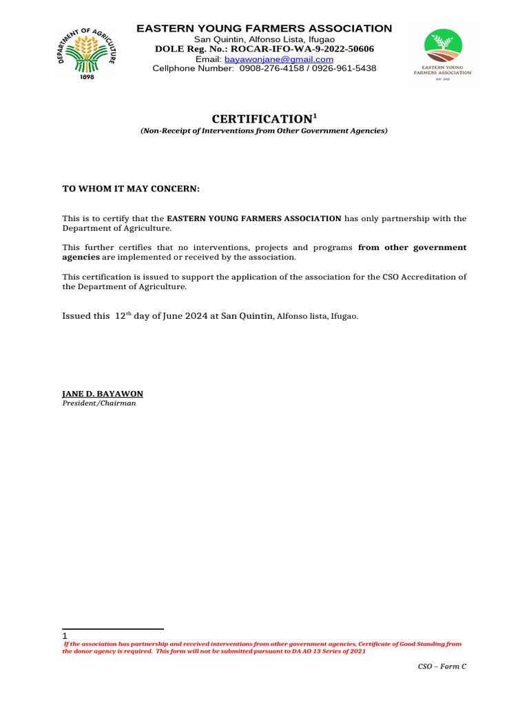 CSO Form C - Cert of Non Receipt of Intervention From DA | PDF ...
